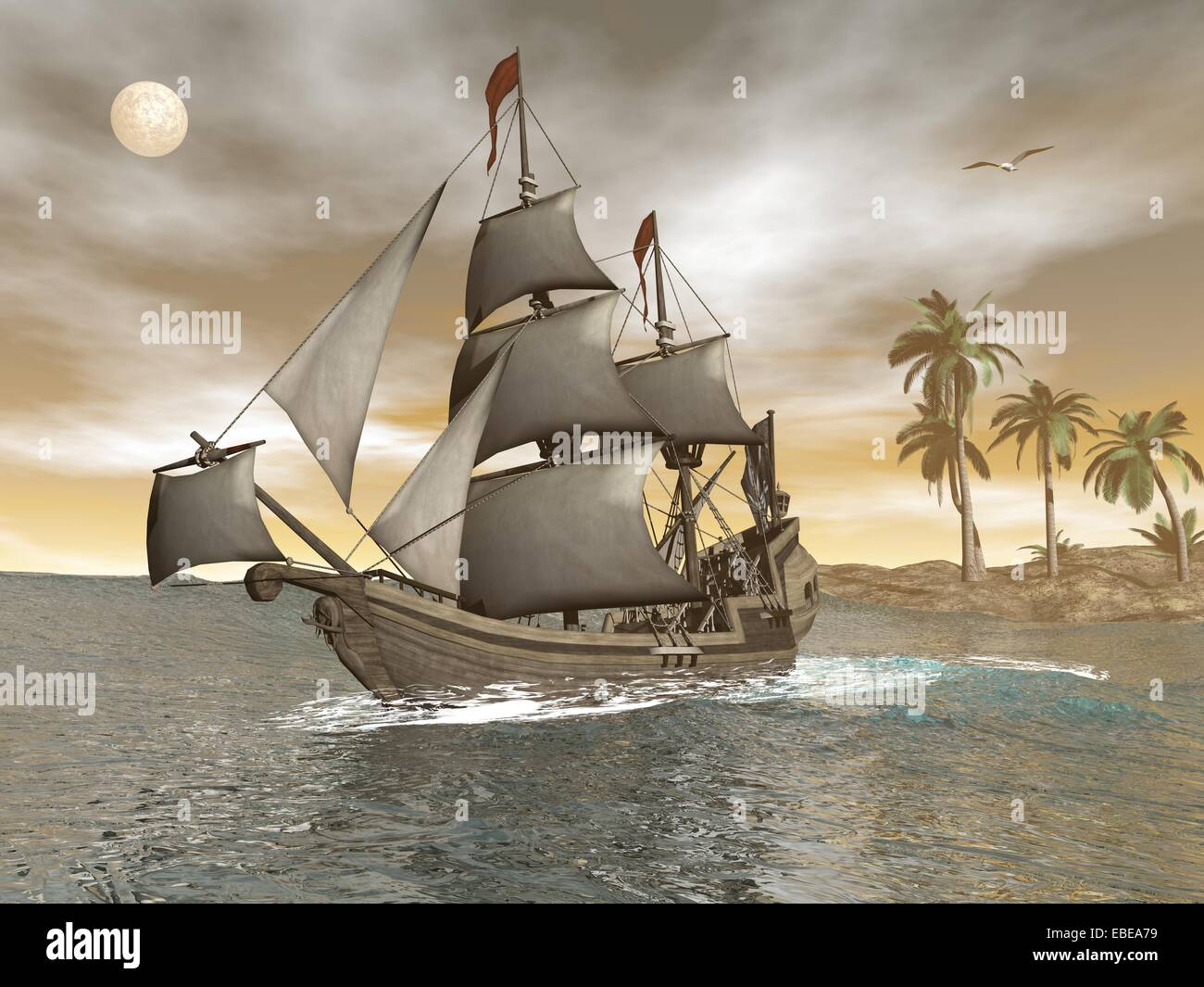 Pirate ship floating on the ocean leaving an island with palm trees by ...