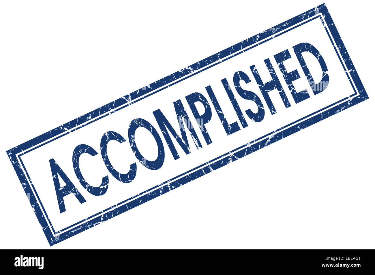 Accomplished blue square grungy stamp isolated on white background ...