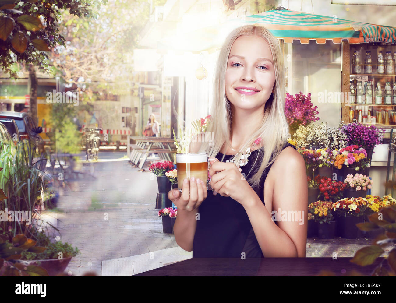 Refreshment. Happy Woman with Cup of Coffee in a Street Cafe Stock ...