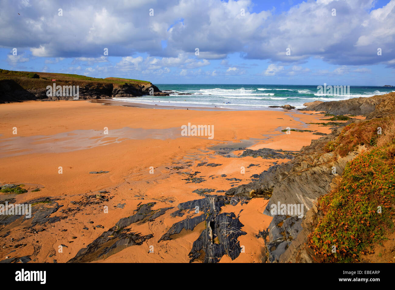 Golden sand beach Treyarnon Bay Cornwall England UK Cornish north coast ...