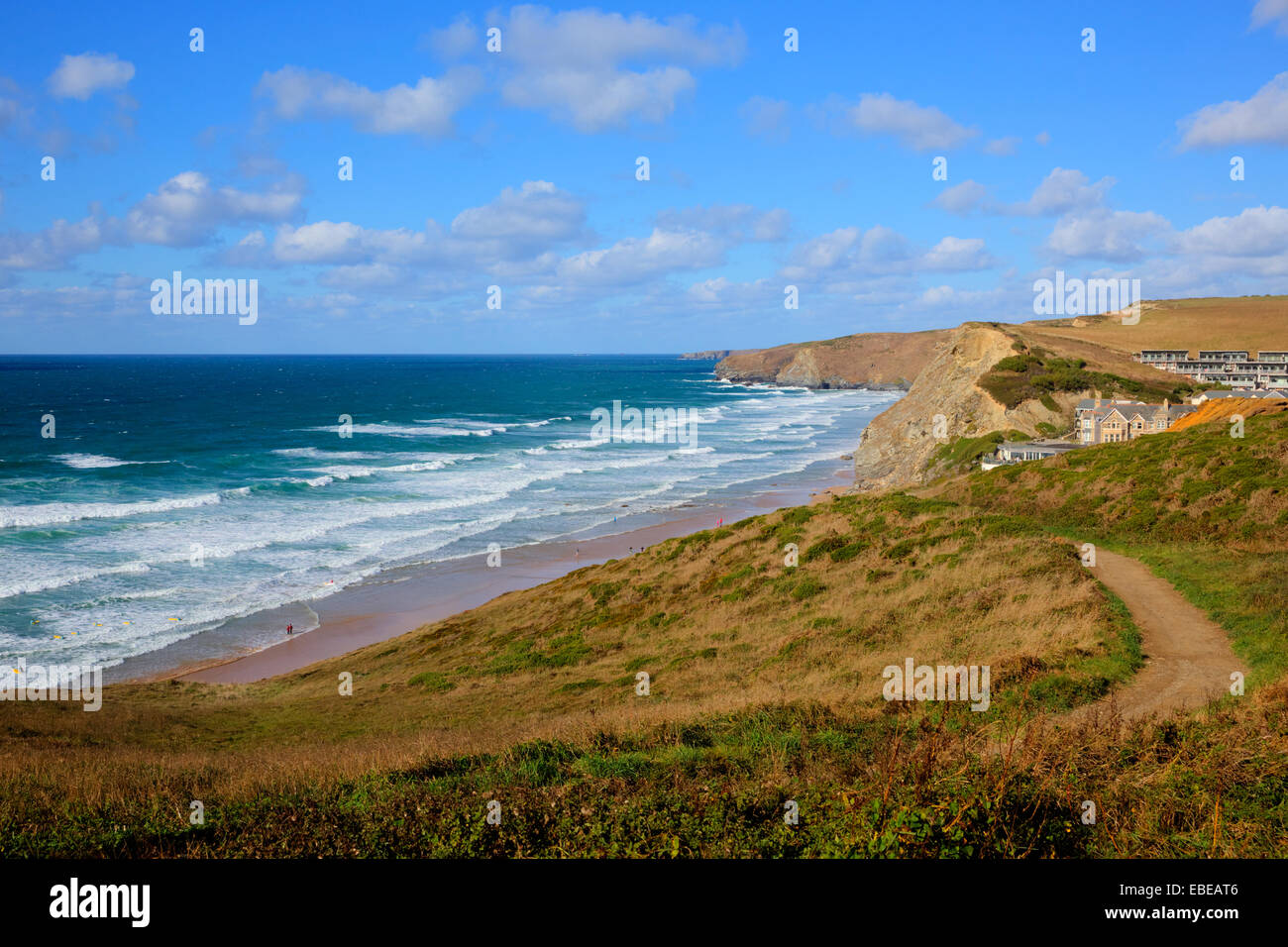 South West coast path Watergate Bay Cornwall England UK Cornish north ...