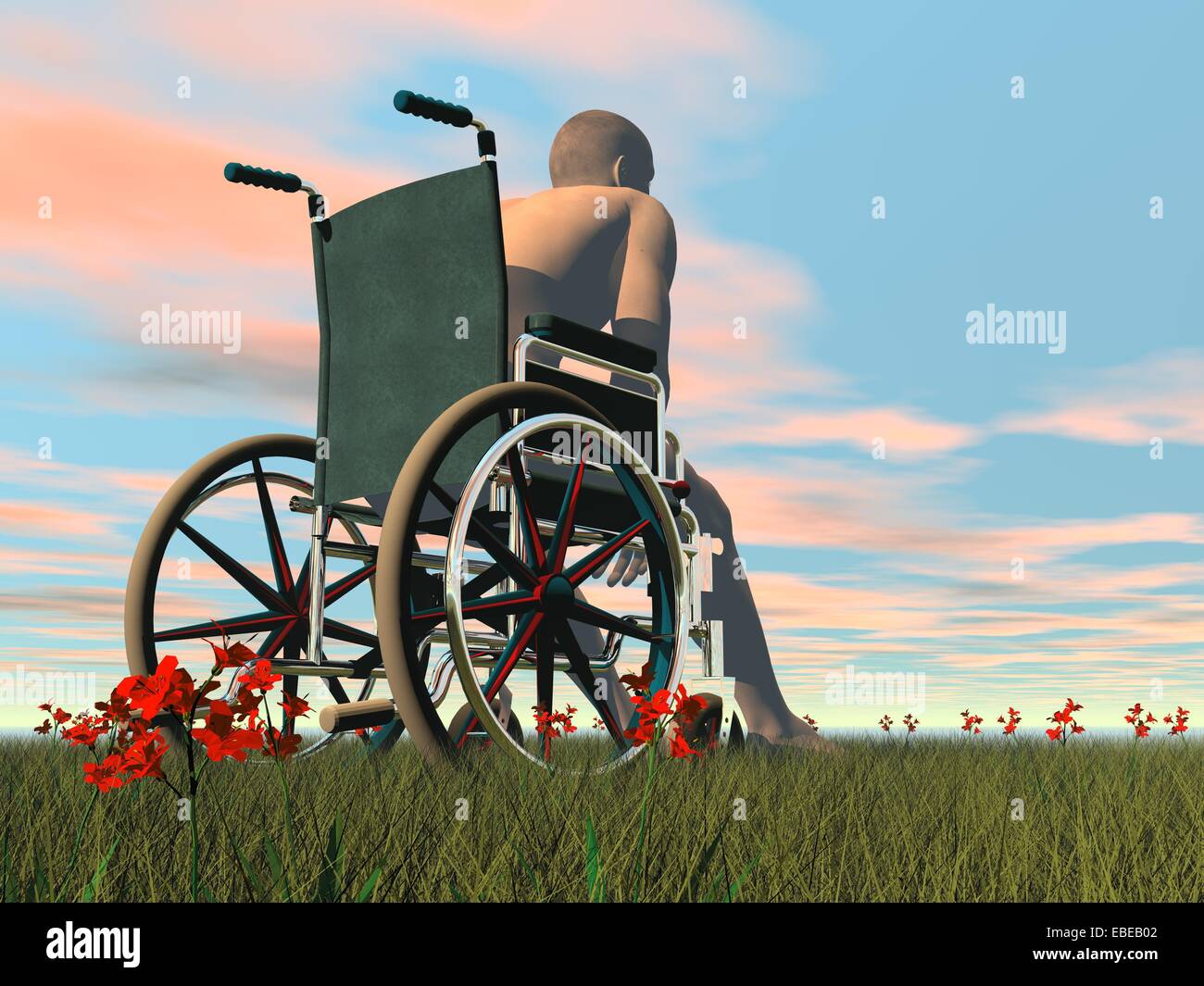 Man sitting in a wheelchair outdoor and thinking while looking forward ...