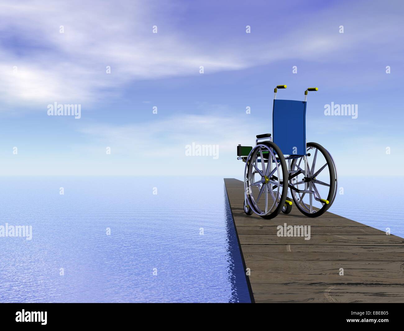 One wheelchair standing on a pontoon in front of the ocean by day Stock ...