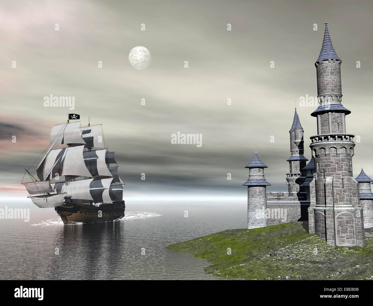 Beautiful detailed old merchant ship going back to castle by cloudy ...