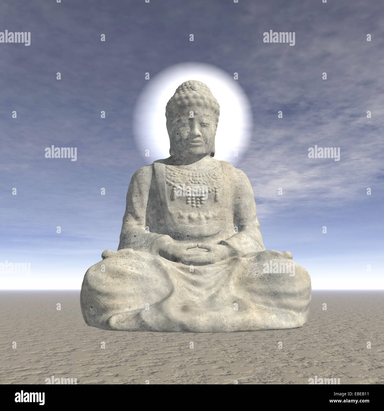 Stone statue of buddha meditating with halo around the head by day ...