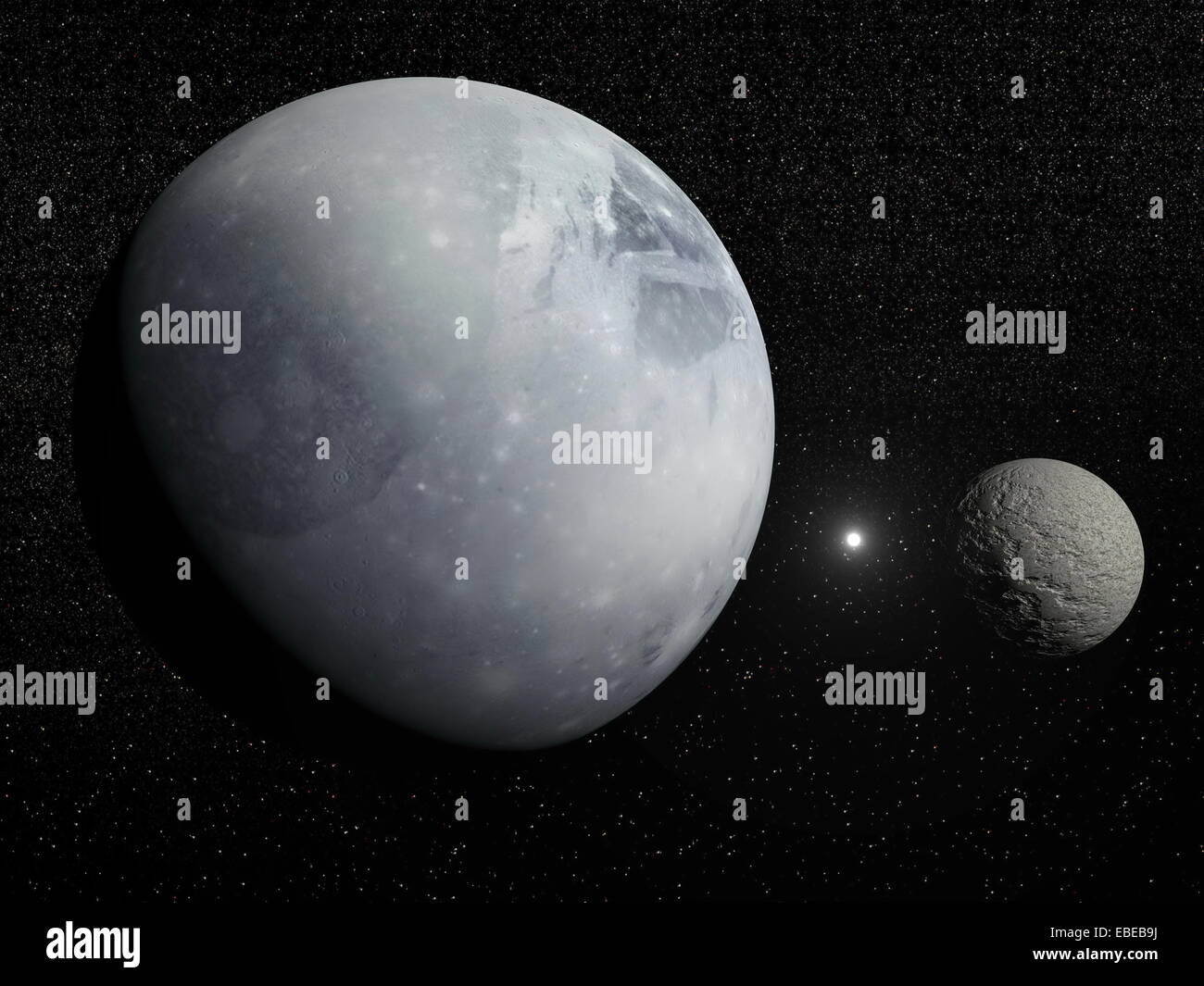 Pluton, its big moon Charon and Polaris star in dark starry background ...