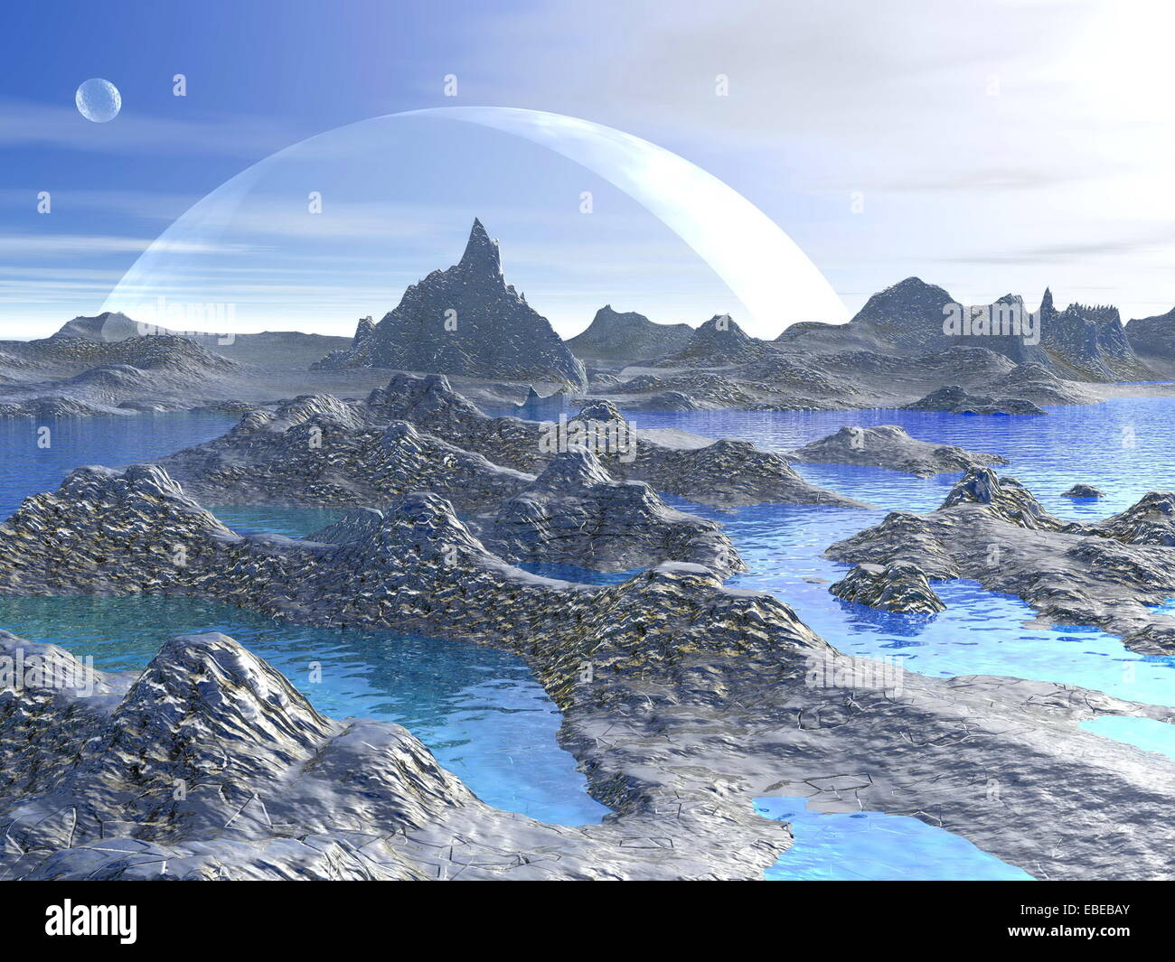 Blue fantasy landscape with rocks, water and planets Stock Photo - Alamy