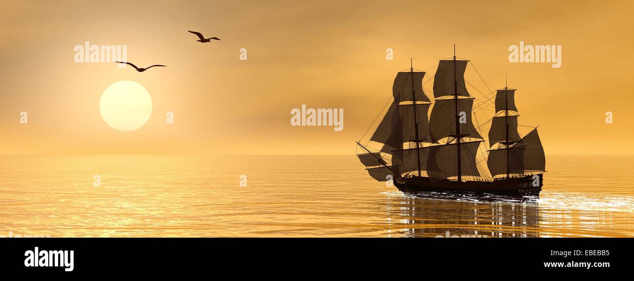 Beautiful detailed old merchant ship next to seagulls by sunset Stock ...