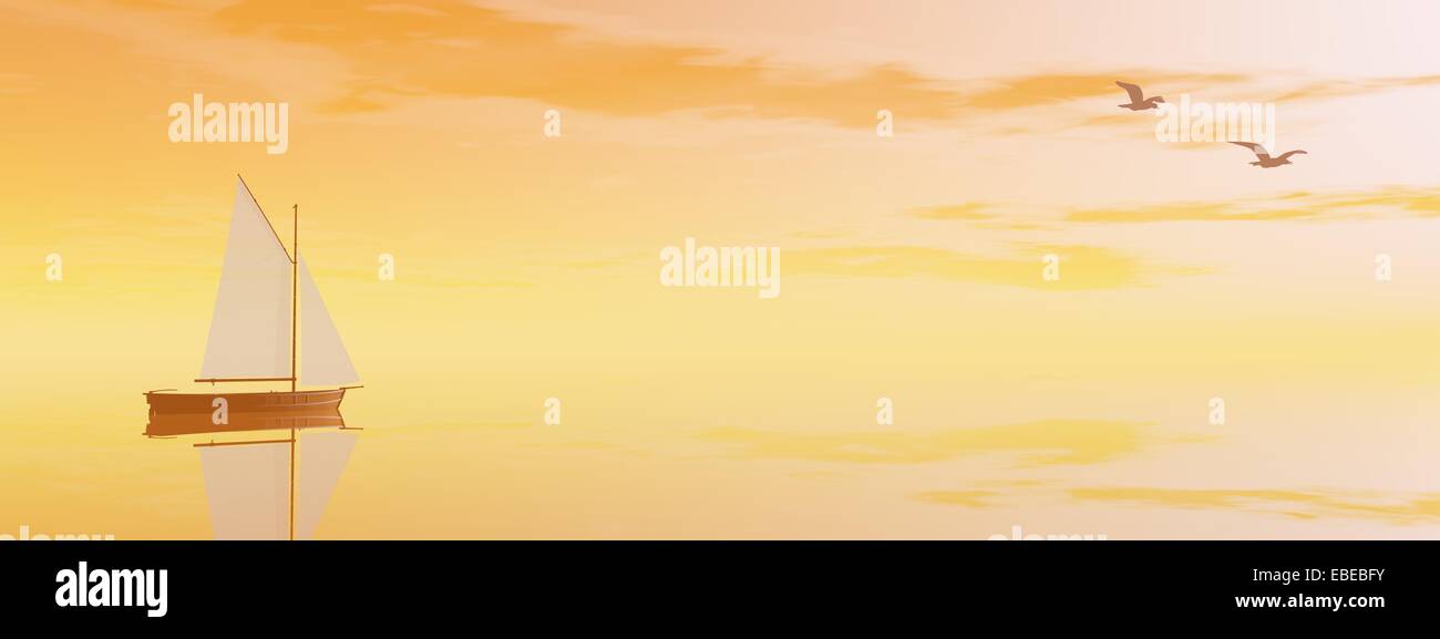 One small sailing boat floating quietly on water near seagulls by ...