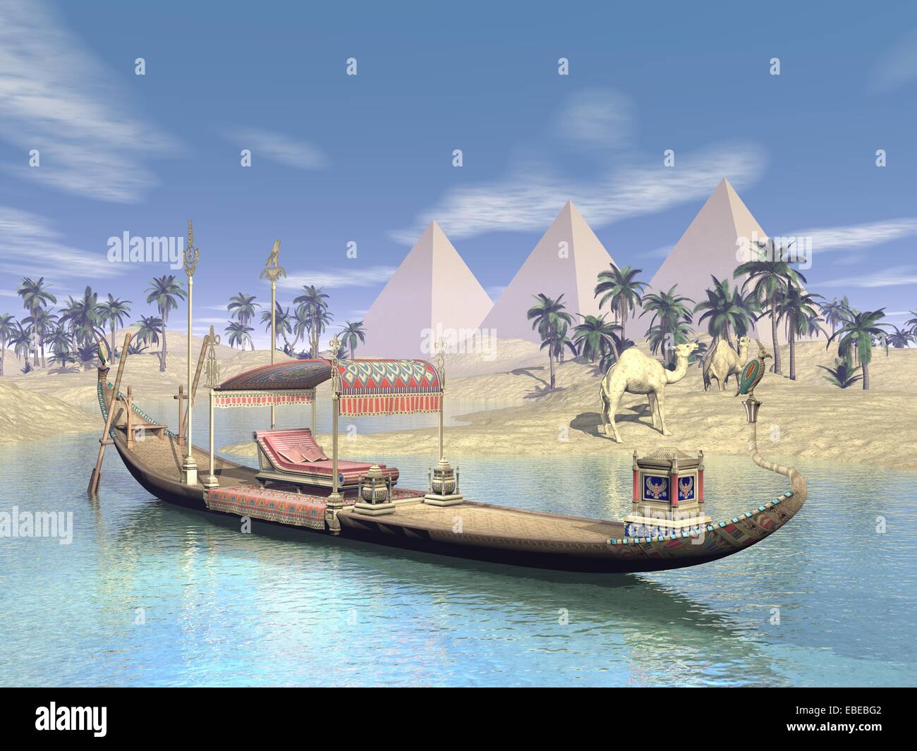 Egyptian sacred barge with throne floating on water near beach ...