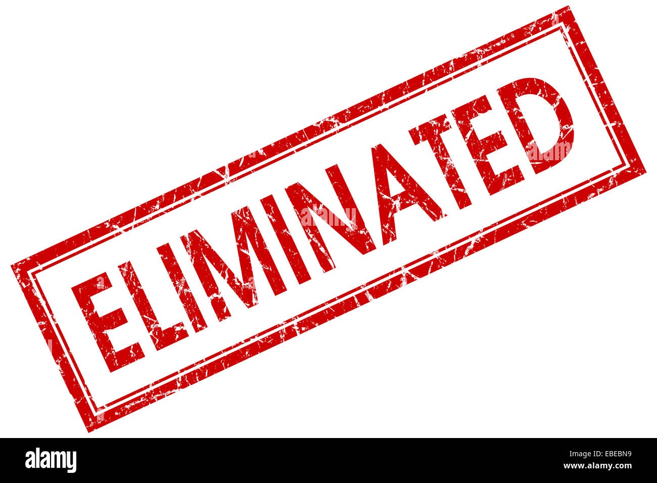 Eliminated red square grungy stamp isolated on white background Stock ...