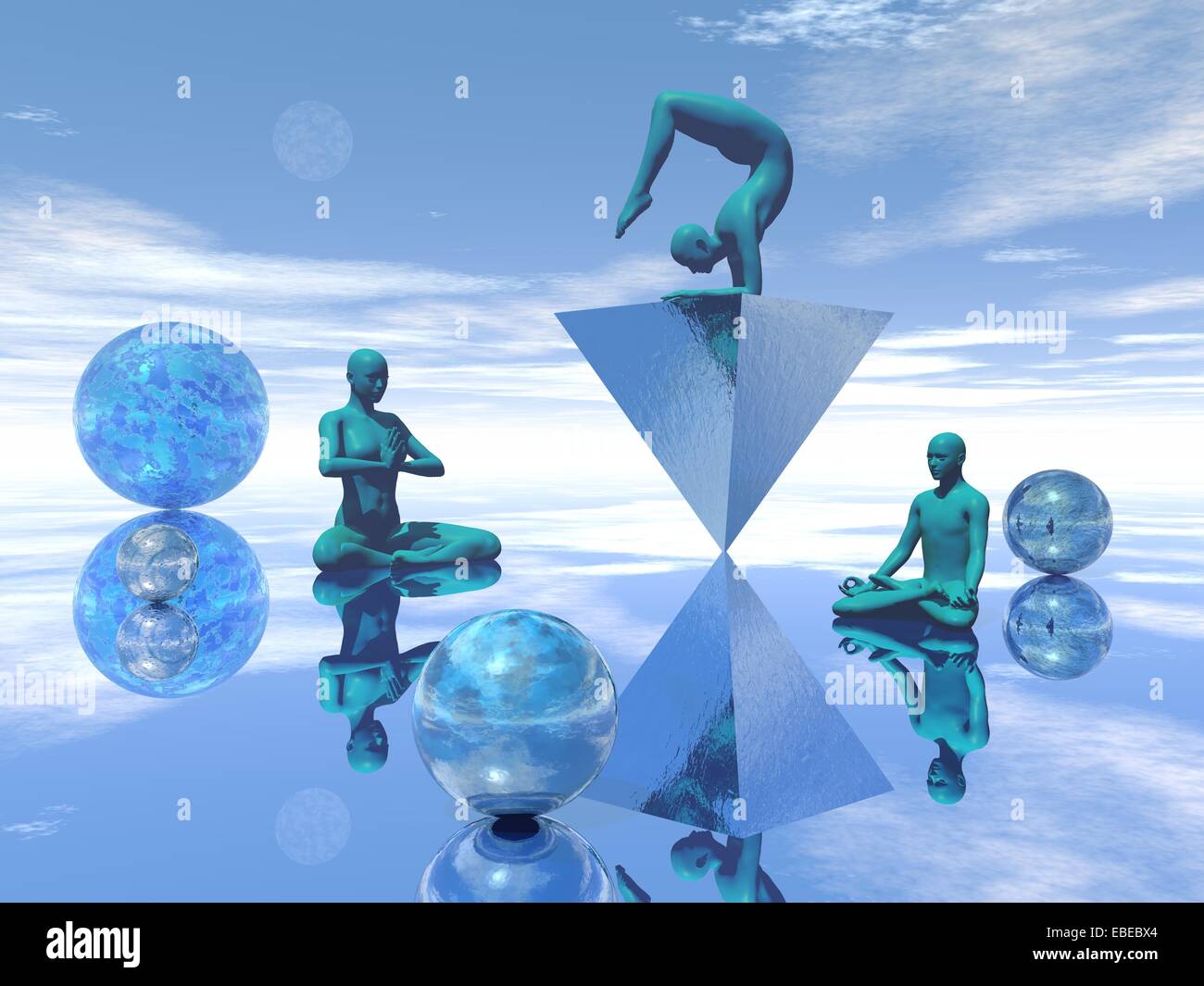 Meditation and yoga pose surrounded with shape in blue background Stock ...