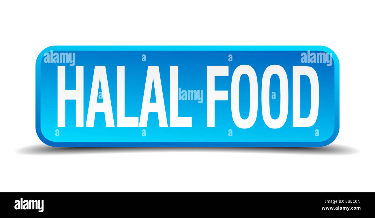 Halal food blue 3d realistic square isolated button Stock Photo - Alamy