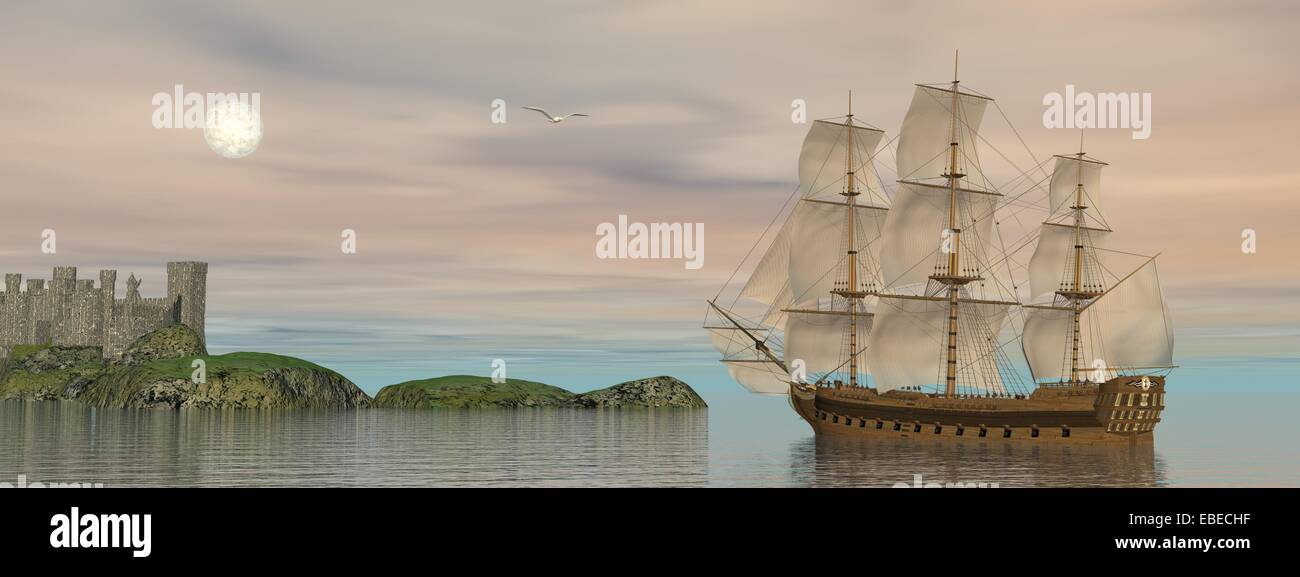 Beautiful detailed old merchant ship going back to castle and seagull ...