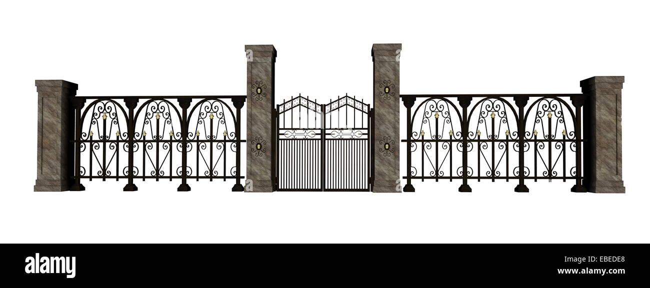 Closed big iron gate in white background Stock Photo - Alamy