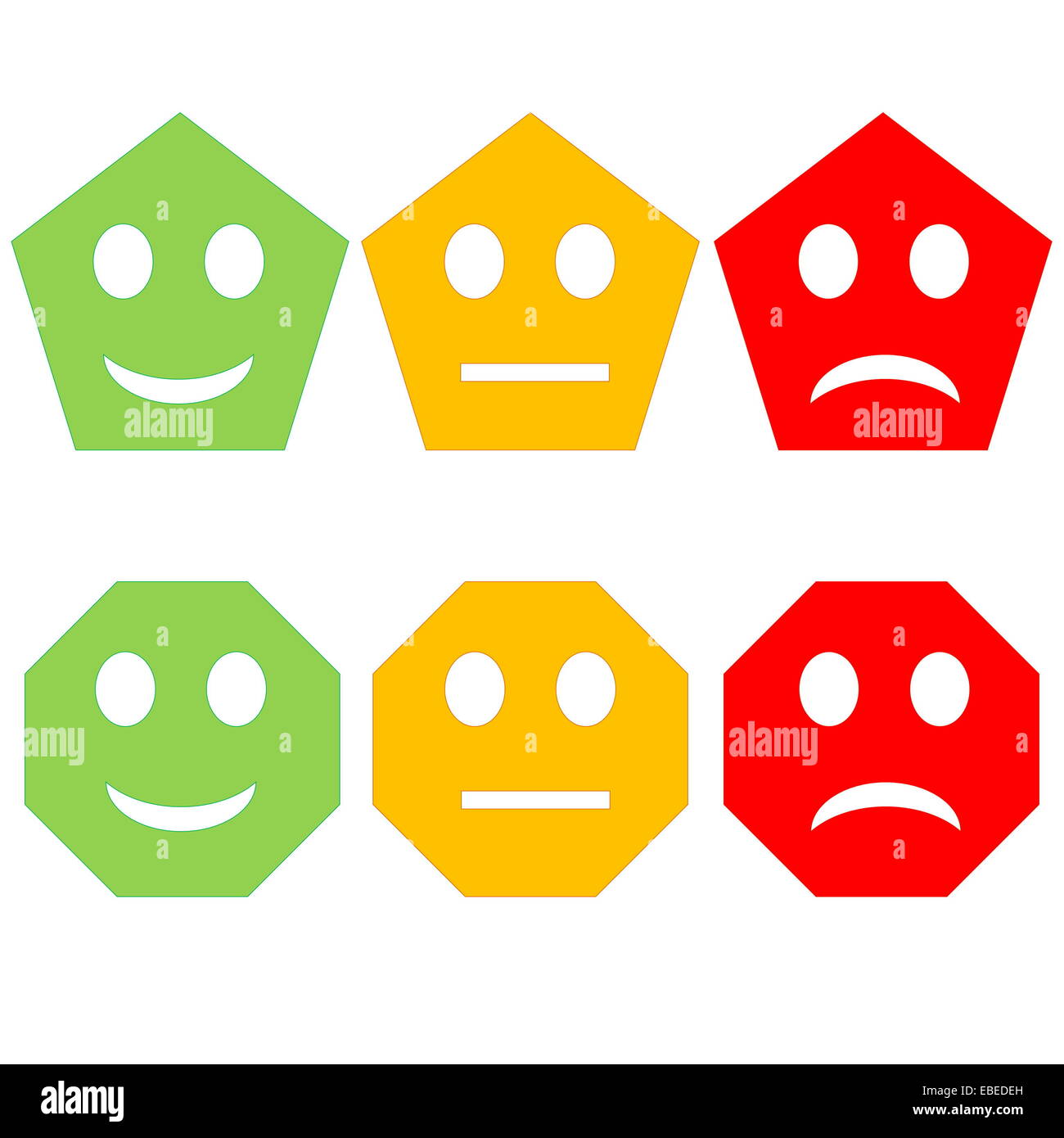 Three pentagon and hexagon happy to sad smileys in white background ...
