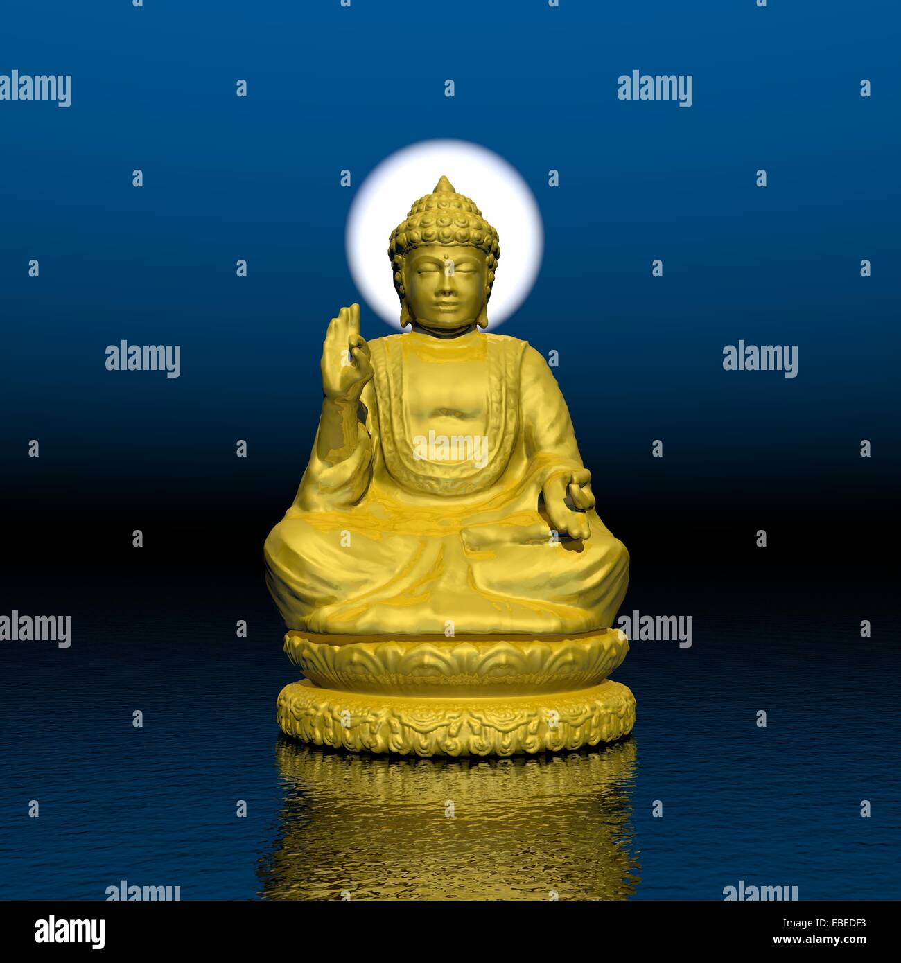 One golden buddha with white halo around the head meditating on water ...