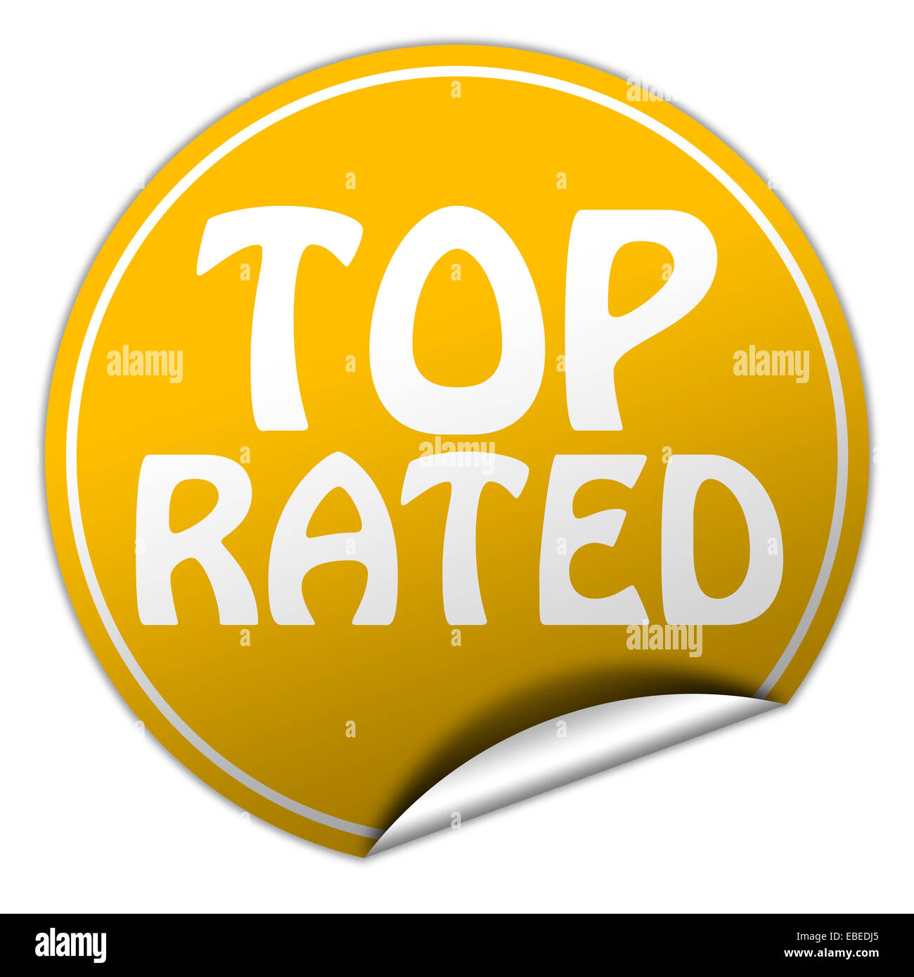 top rated round yellow sticker on white background Stock Photo - Alamy