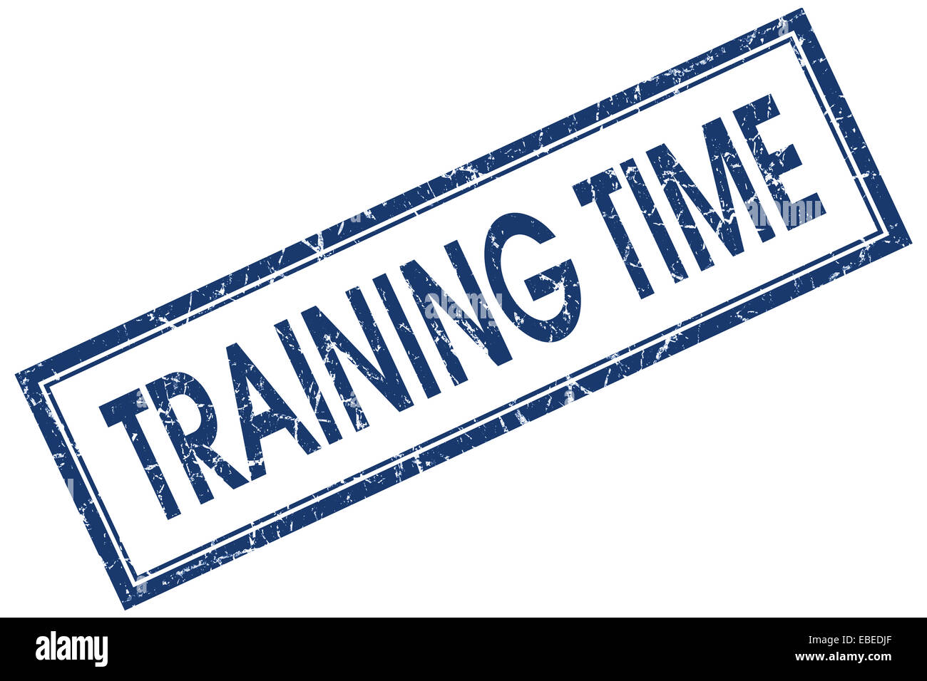 Training time blue square grungy stamp isolated on white background ...