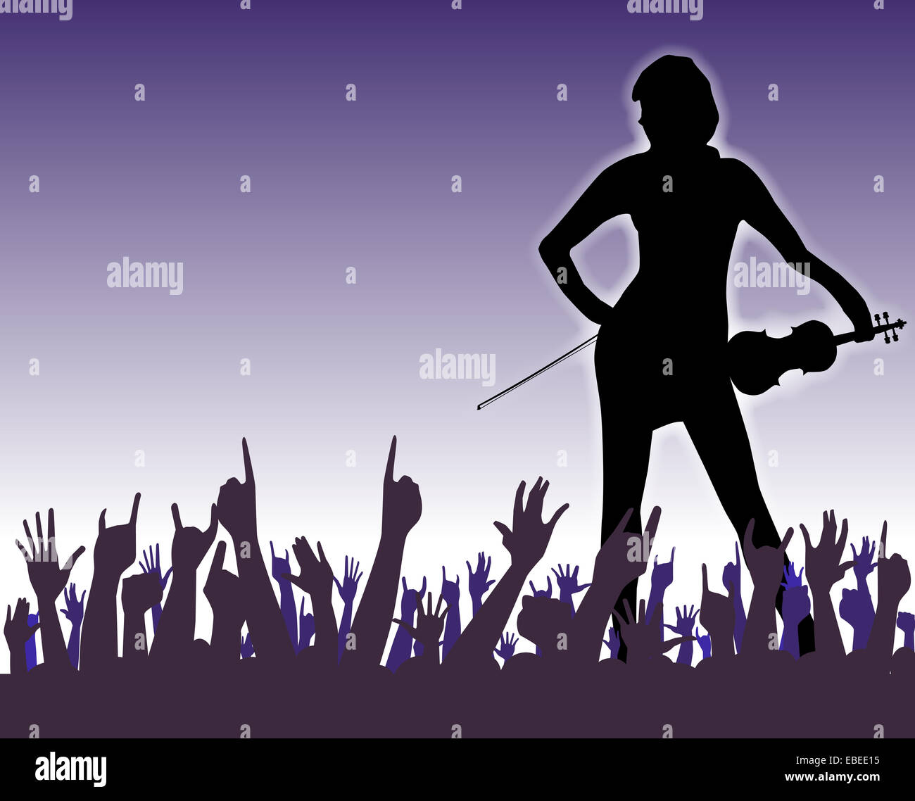 Hands raised in the air at a concert to a female fiddle player Stock ...