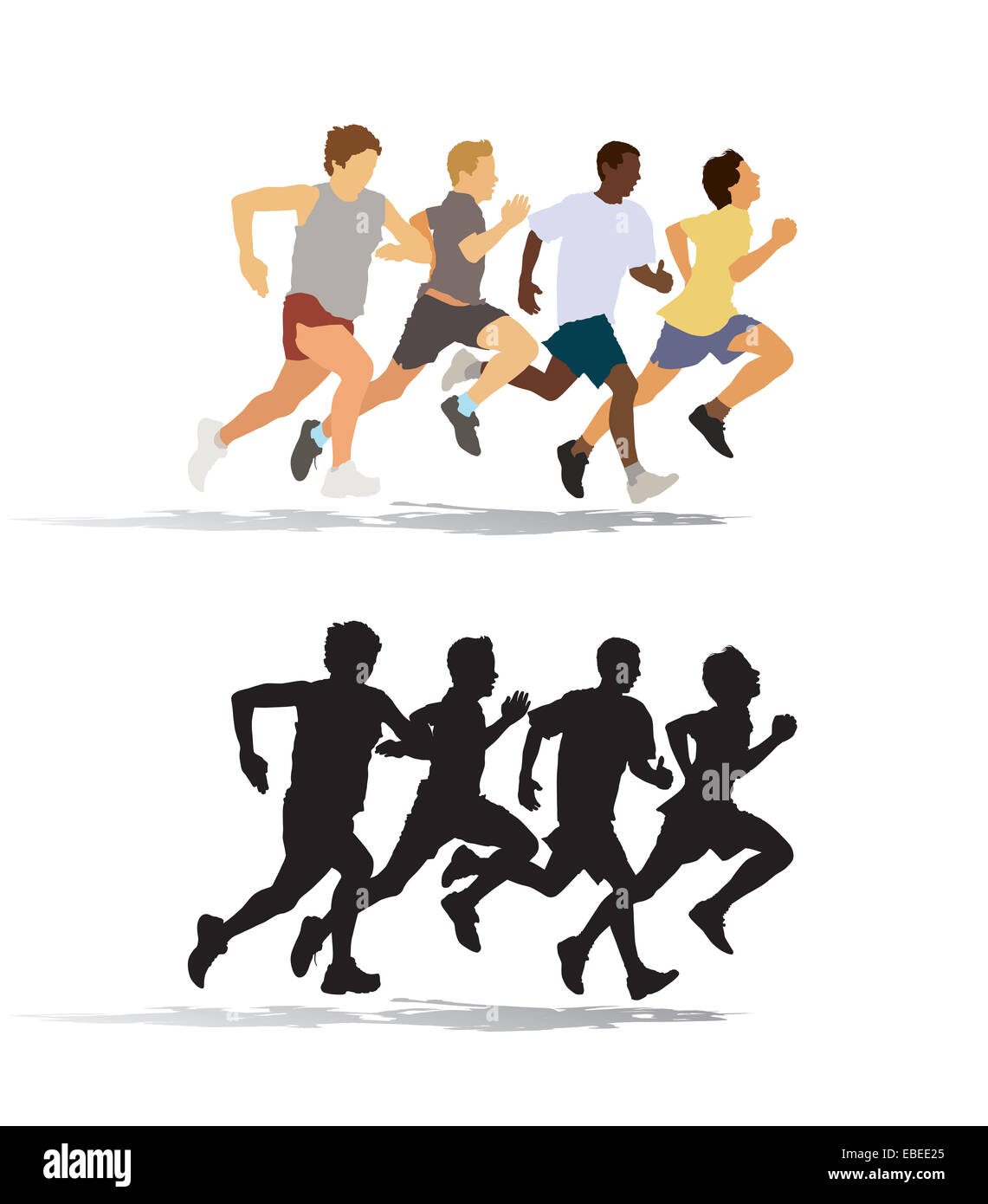 Group of four young man running in the race Stock Photo - Alamy