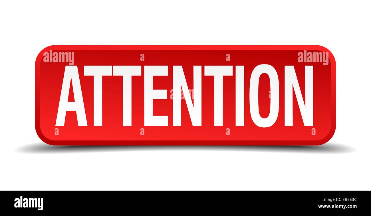 Attention red three-dimensional square button isolated on white ...