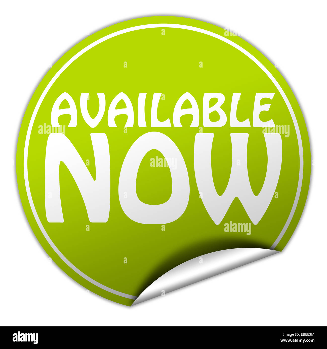 AVAILABLE NOW round green sticker on white background Stock Photo - Alamy