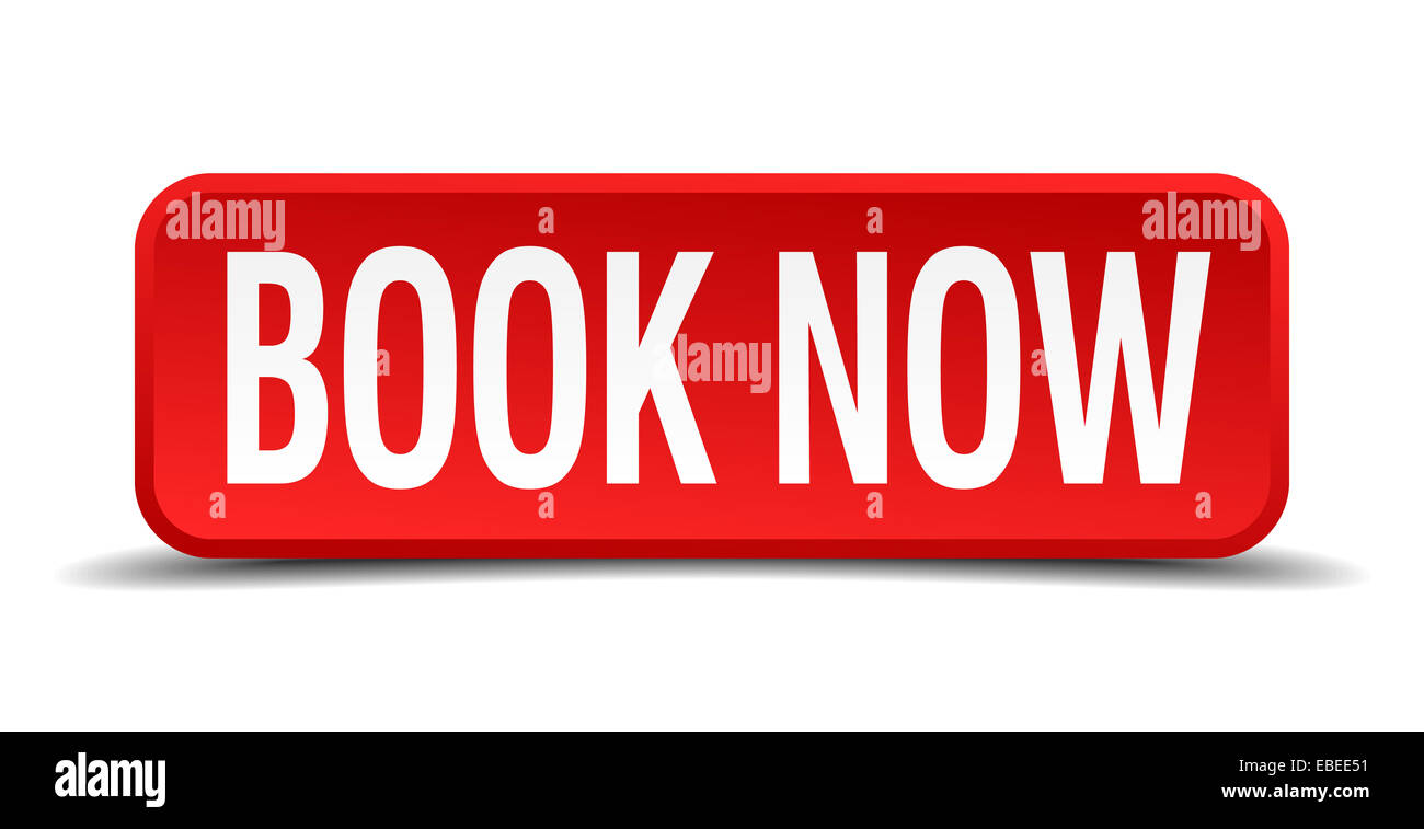 Book now red three-dimensional square button isolated on white ...