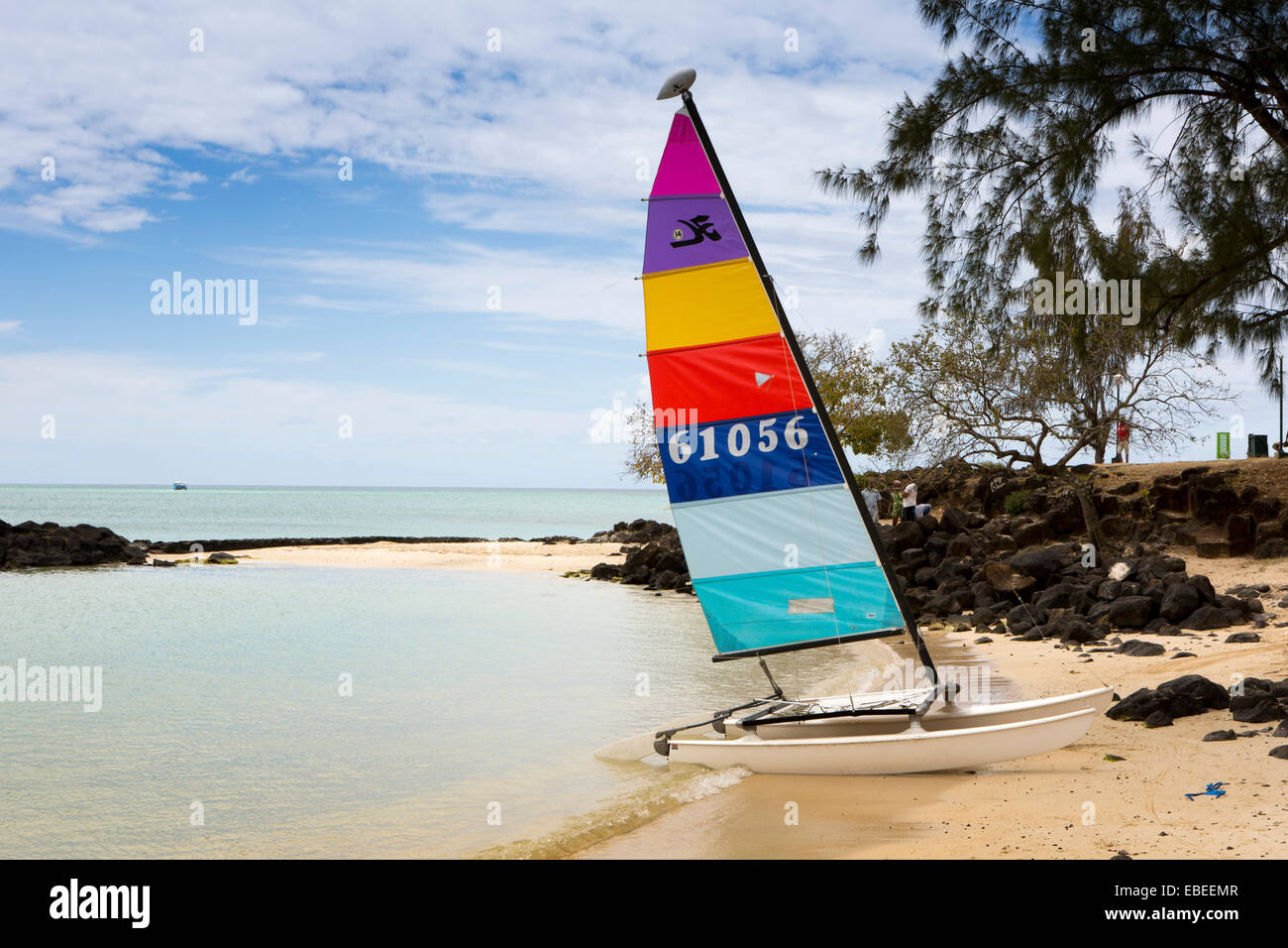 Mauritius, La Cuvette, public beach, small sailing catamaran with ...