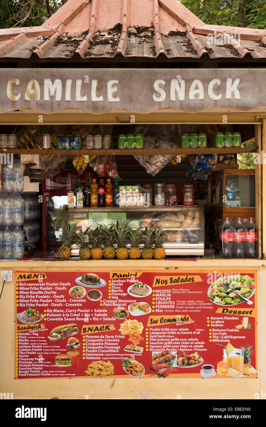 Mauritius, La Cuvette, public beach, fast food stall with extensive ...