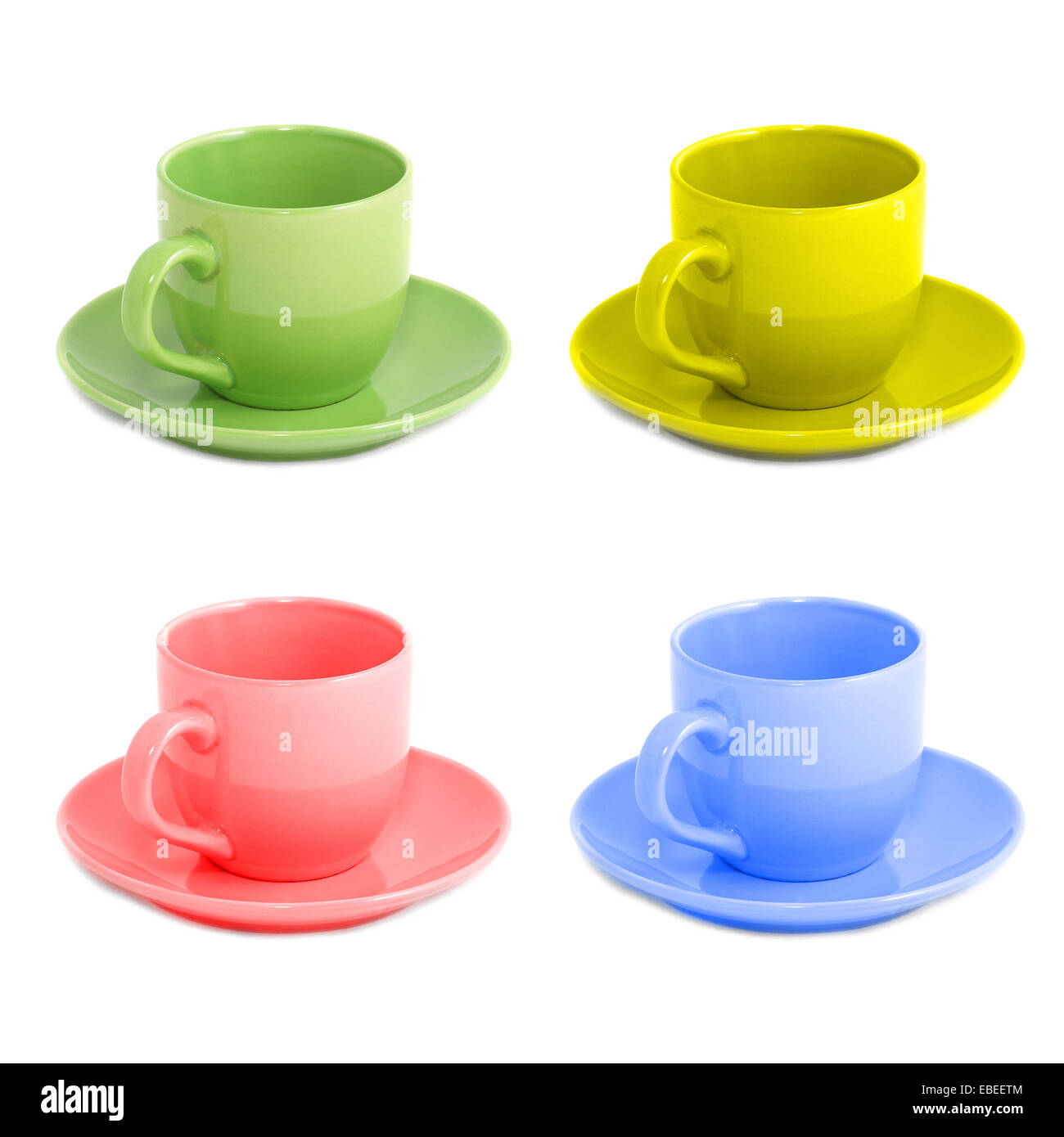 Four color teacups isolated on white background Stock Photo - Alamy