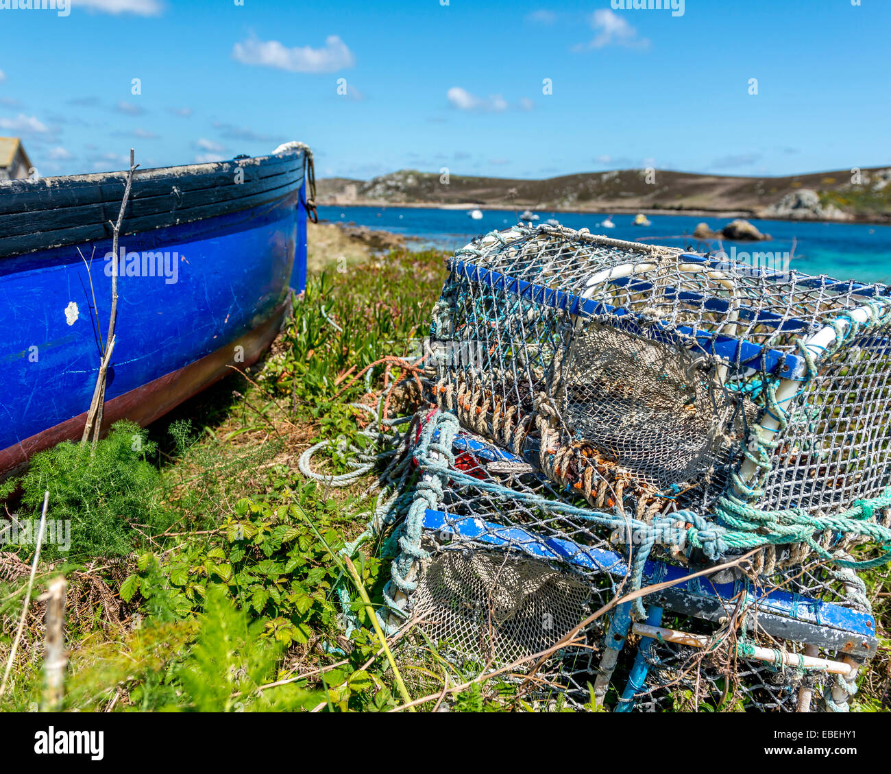 Lobster pots on Bryher beach. Bryher. Isles of Scilly. Cornwall. UK ...