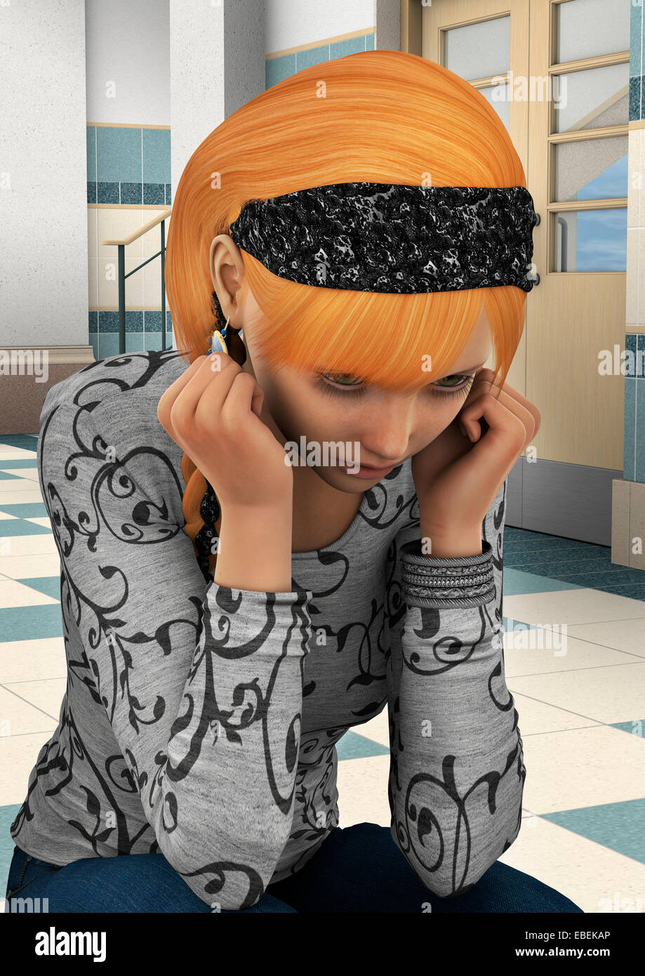 3D digital render of a sad teenager girl in a school building Stock ...