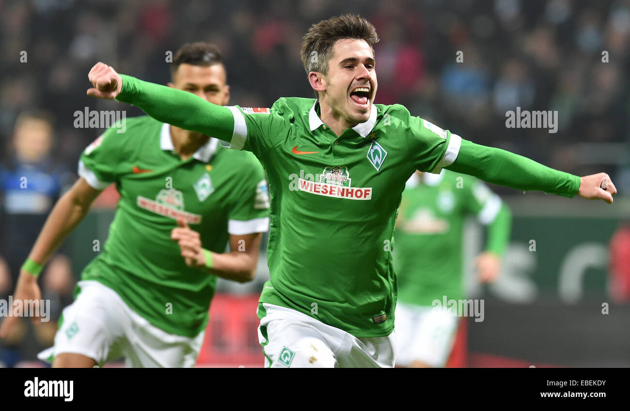 Bremen, Germany. 29th Nov, 2014. Bremen's Fin Bartels celebrates his 3 ...