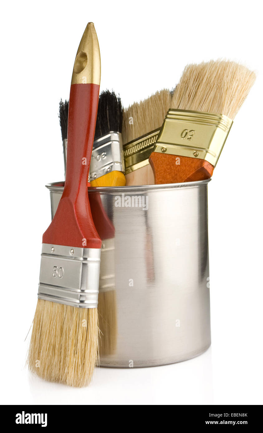 paint buckets and paintbrush isolated on white background Stock Photo ...