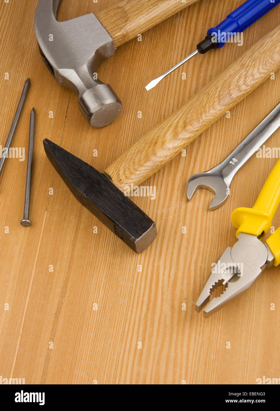 tools and instruments on wood texture Stock Photo - Alamy