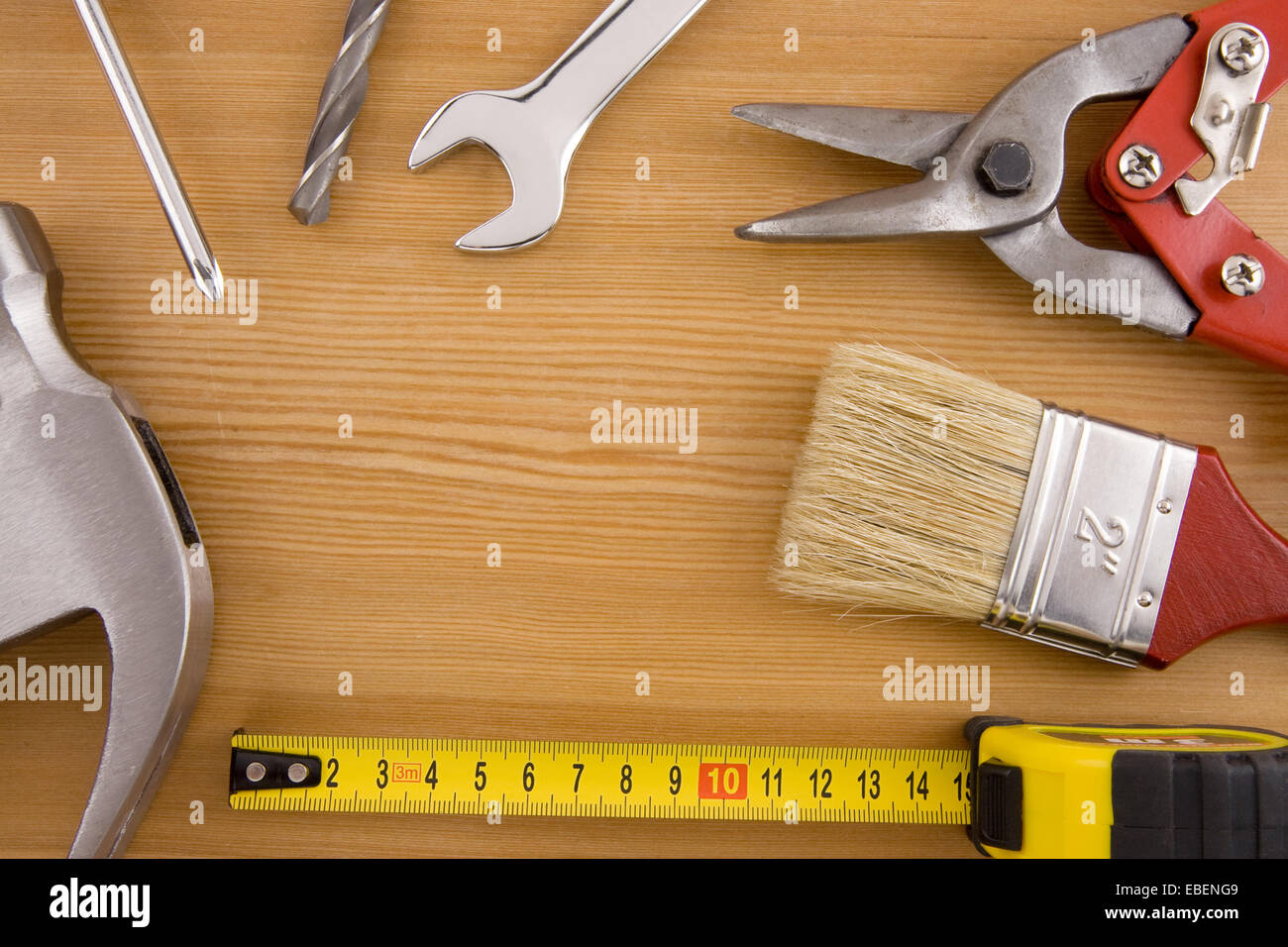tools and instruments on wood texture Stock Photo - Alamy