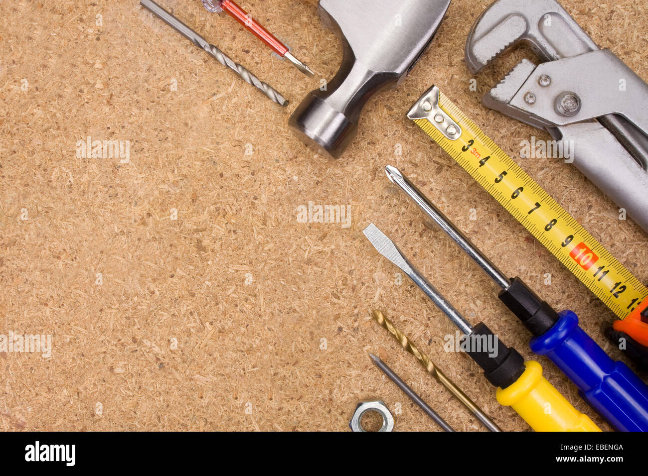 set of tools and instruments on wood texture Stock Photo - Alamy