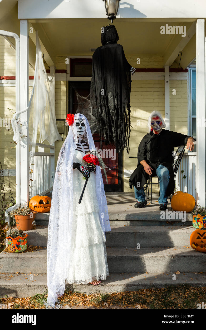 Trick or treating in costumes on Halloween night Stock Photo - Alamy