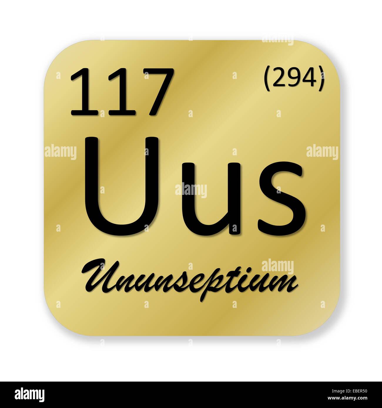 Black ununseptium element into golden square shape isolated in white ...