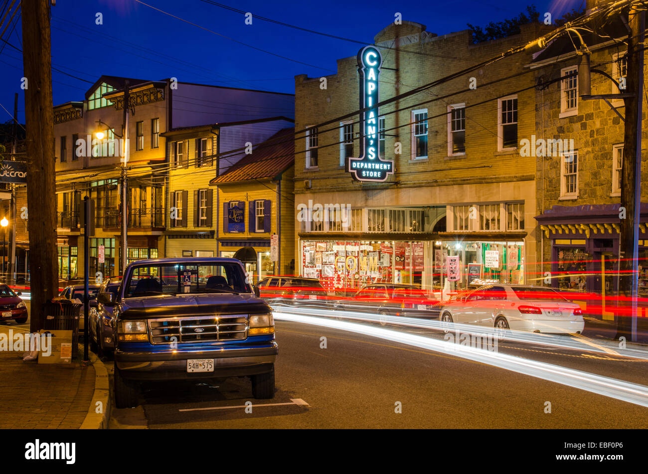 Light trails down Main Street in Ellicott City at night Stock Photo - Alamy