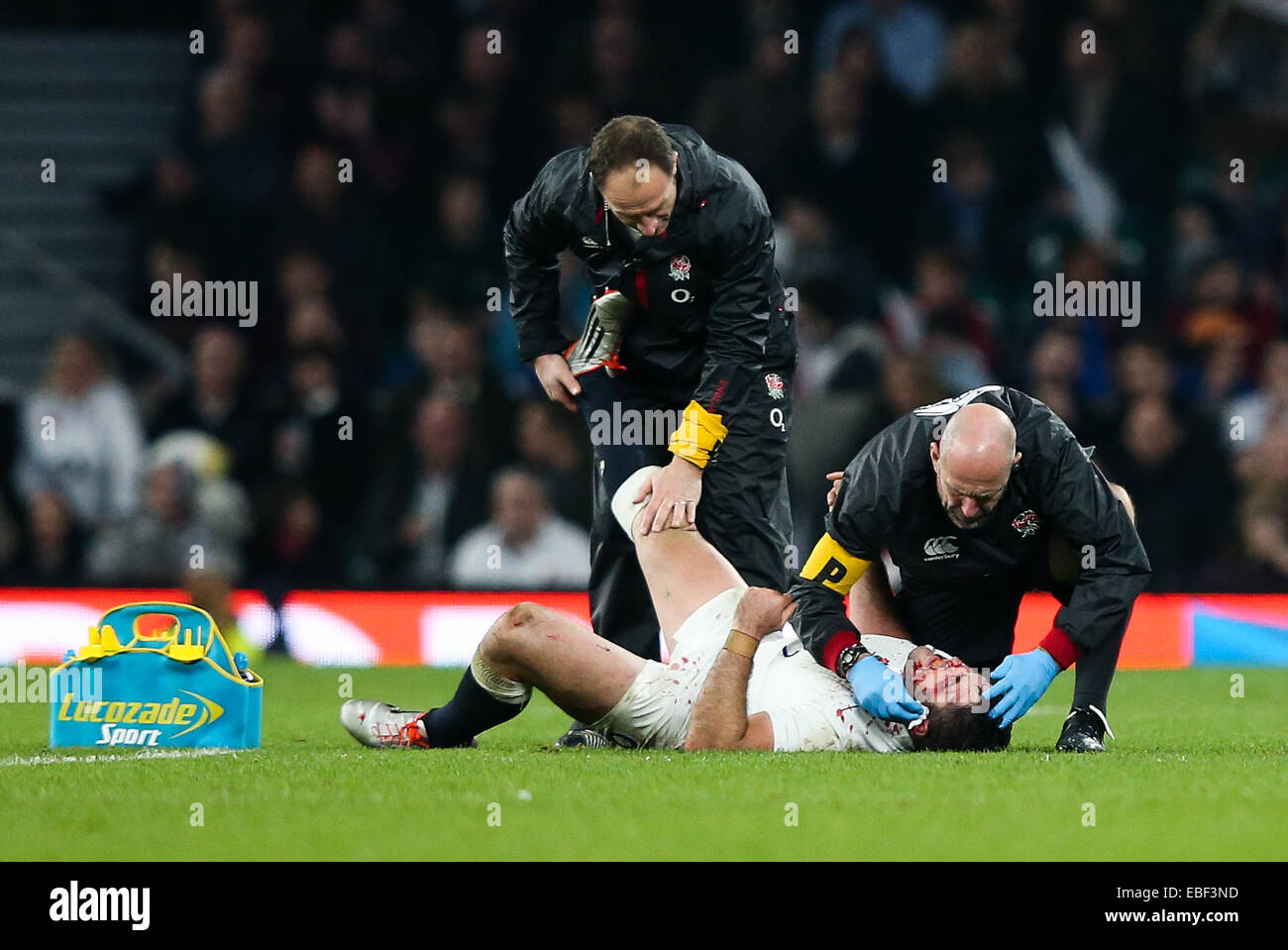 London, UK. 29th Nov, 2014. England's Brad Barritt covered in blood and ...