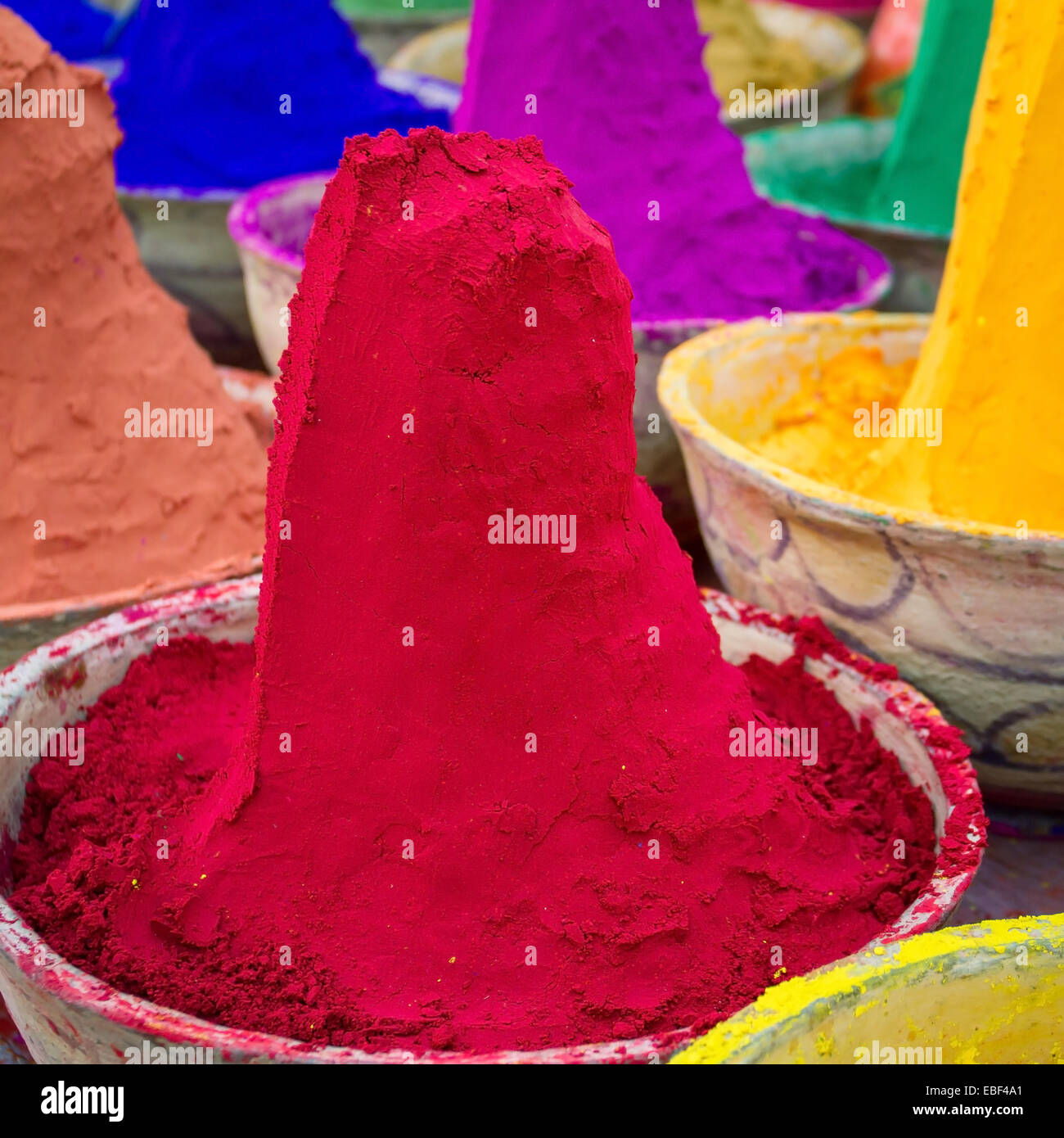 Colorful piles of powdered dyes used for Holi festival in India Stock ...