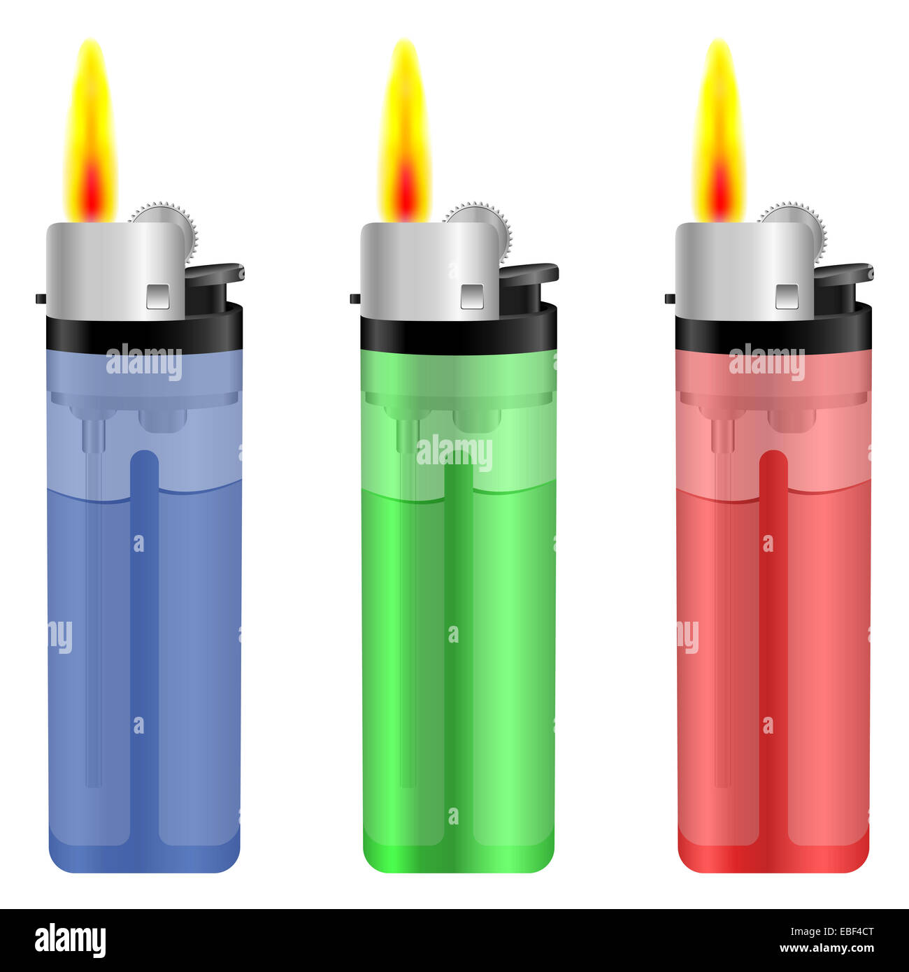 Lighter with fire set on white background Stock Photo - Alamy