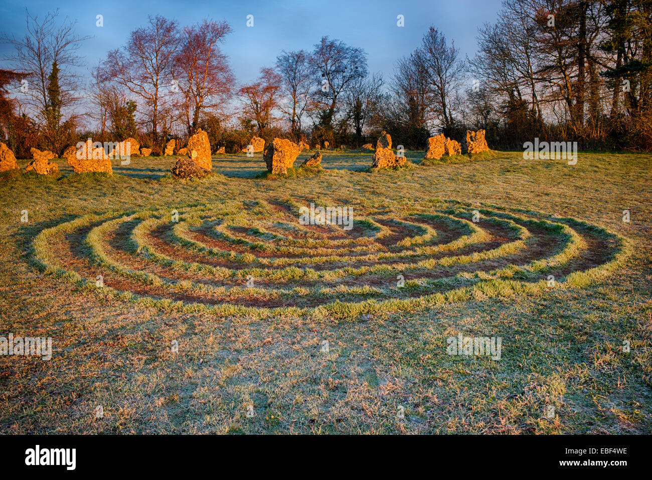 Frost covered Labyrinth symbol planted with grass at the Rollright ...
