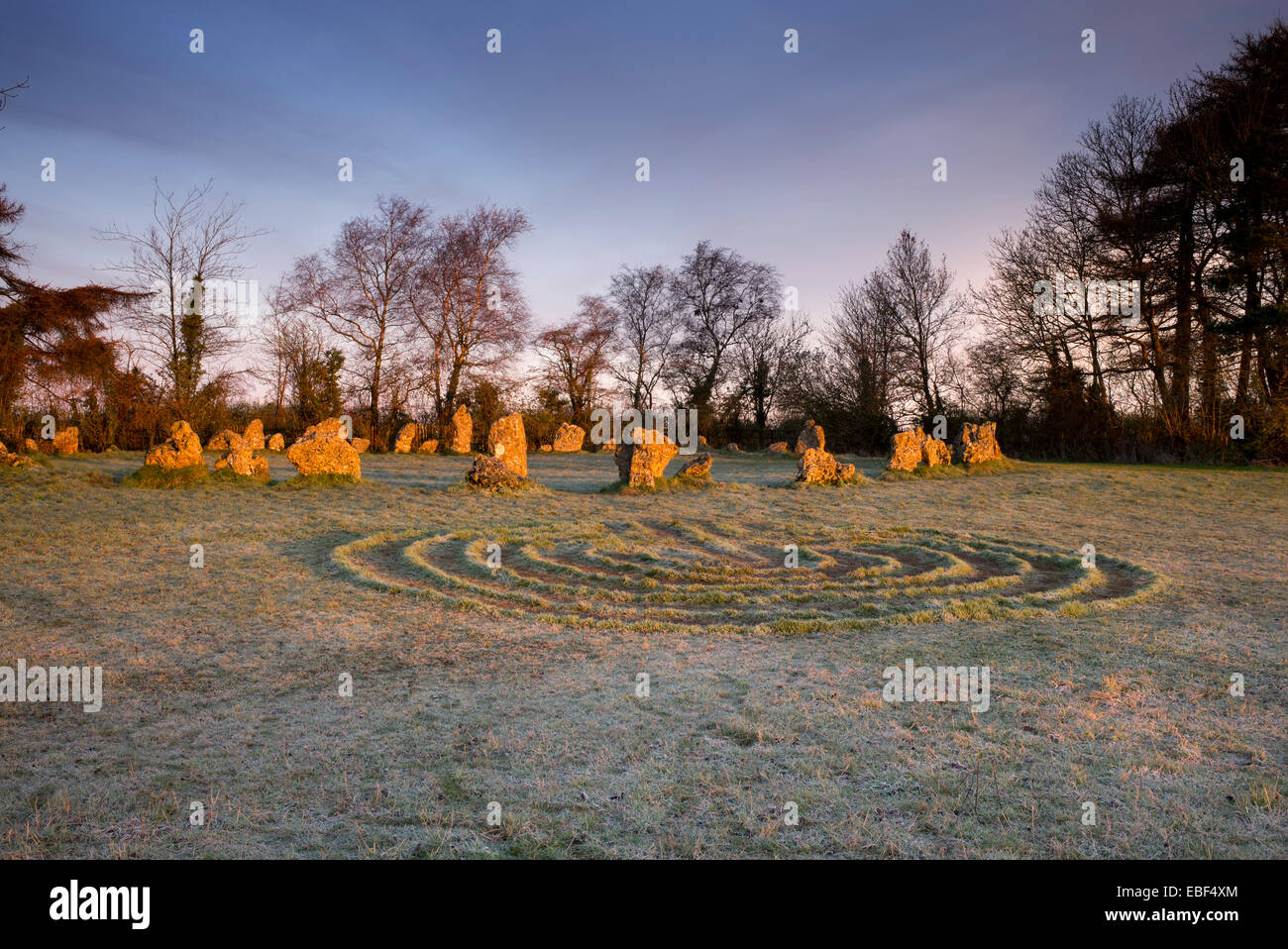 Frost covered Labyrinth symbol planted with grass at the Rollright ...