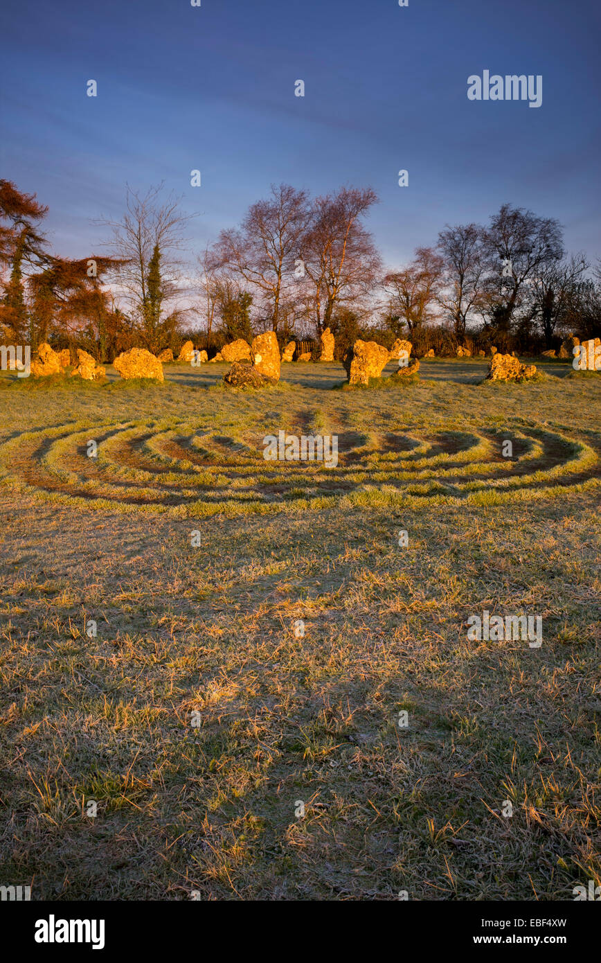 Frost covered Labyrinth symbol planted with grass at the Rollright ...