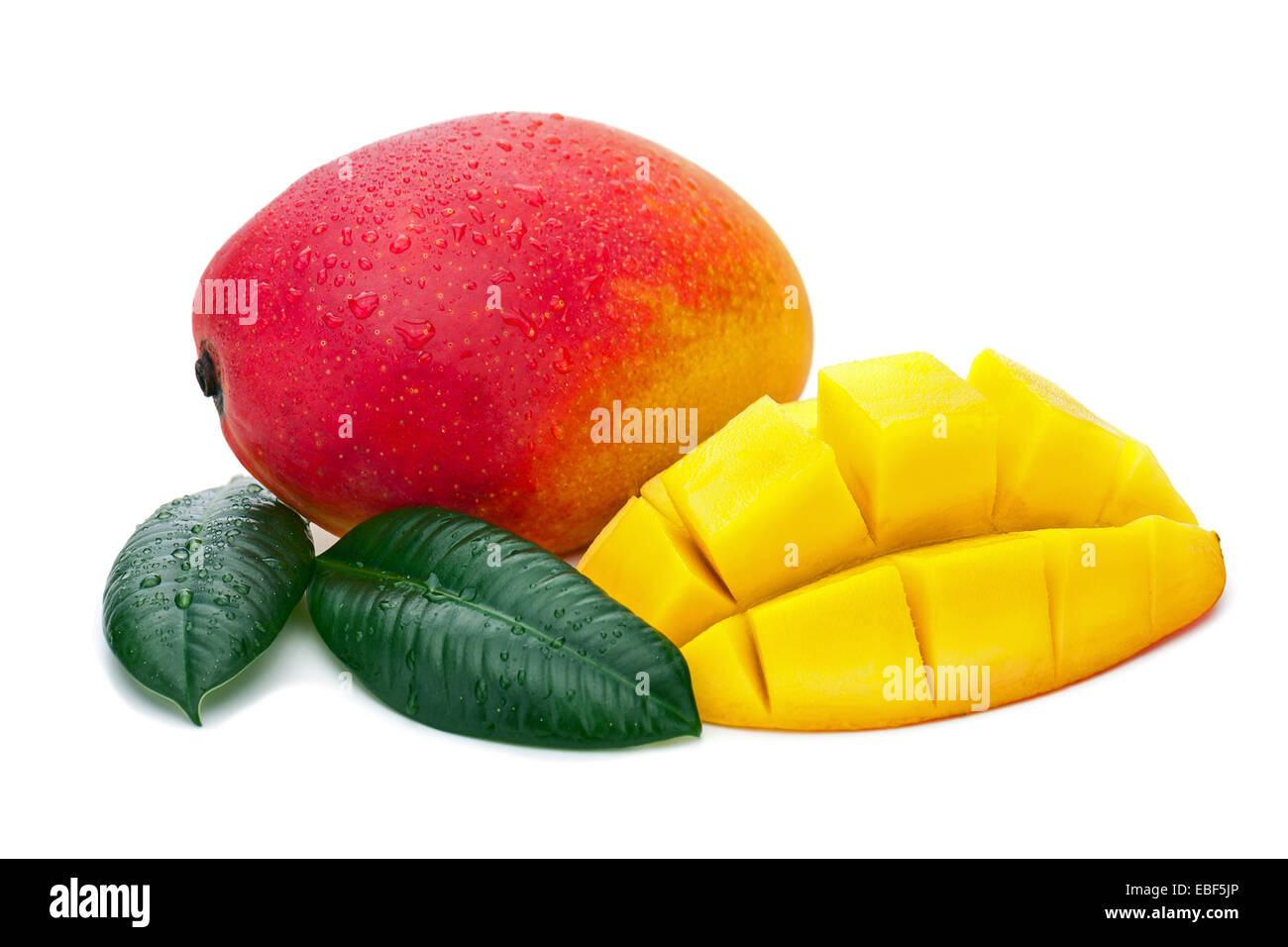 Fresh Mango Fruit with Cut and Green Leaves Isolated on White ...