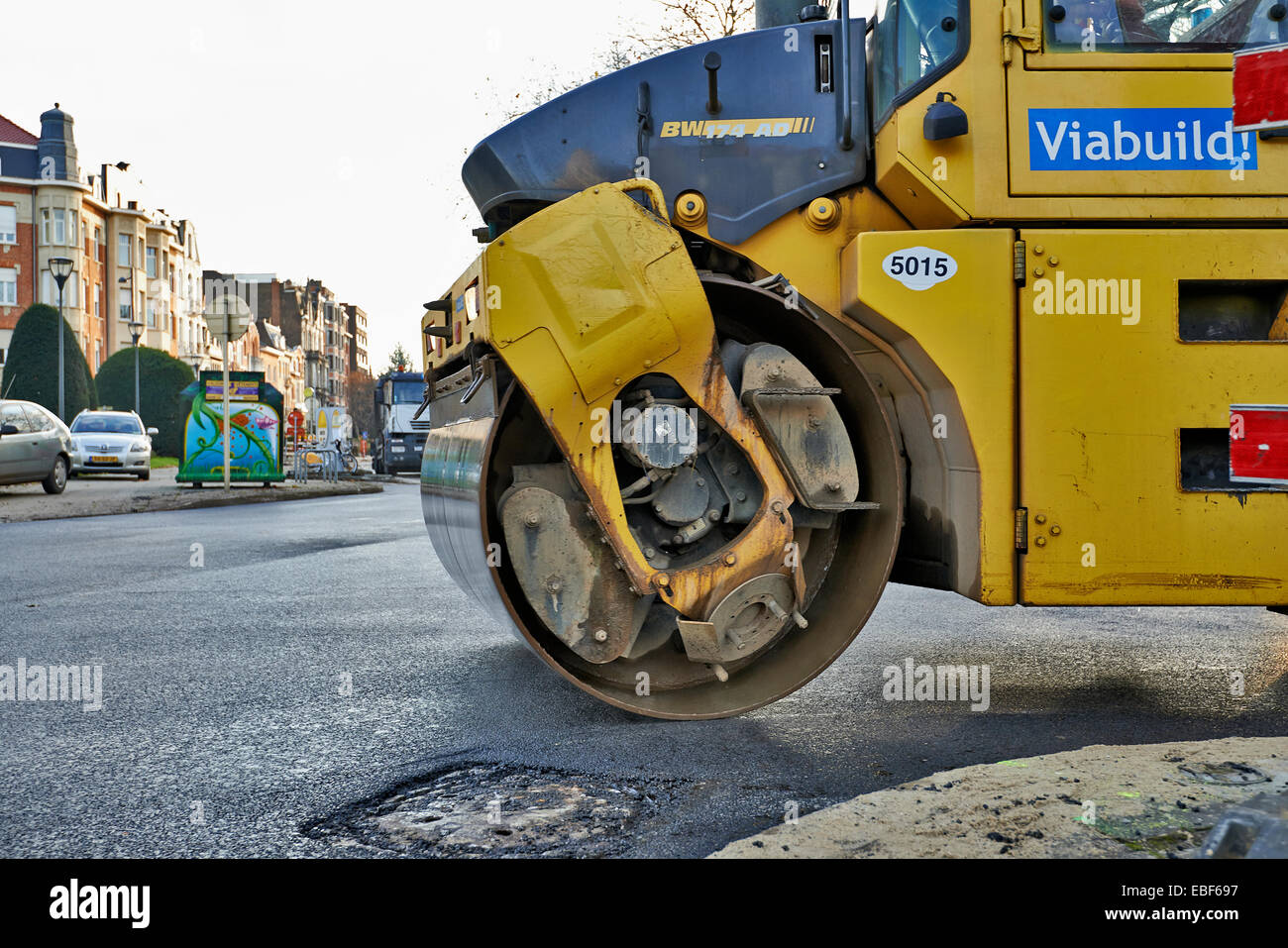 Heavy Vibration roller compactor at asphalt pavement works for road ...