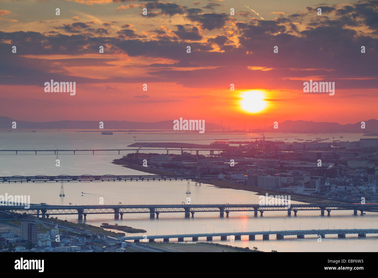 View of Yodo River and Osaka Bay at sunset, Osaka, Kansai, Japan Stock ...